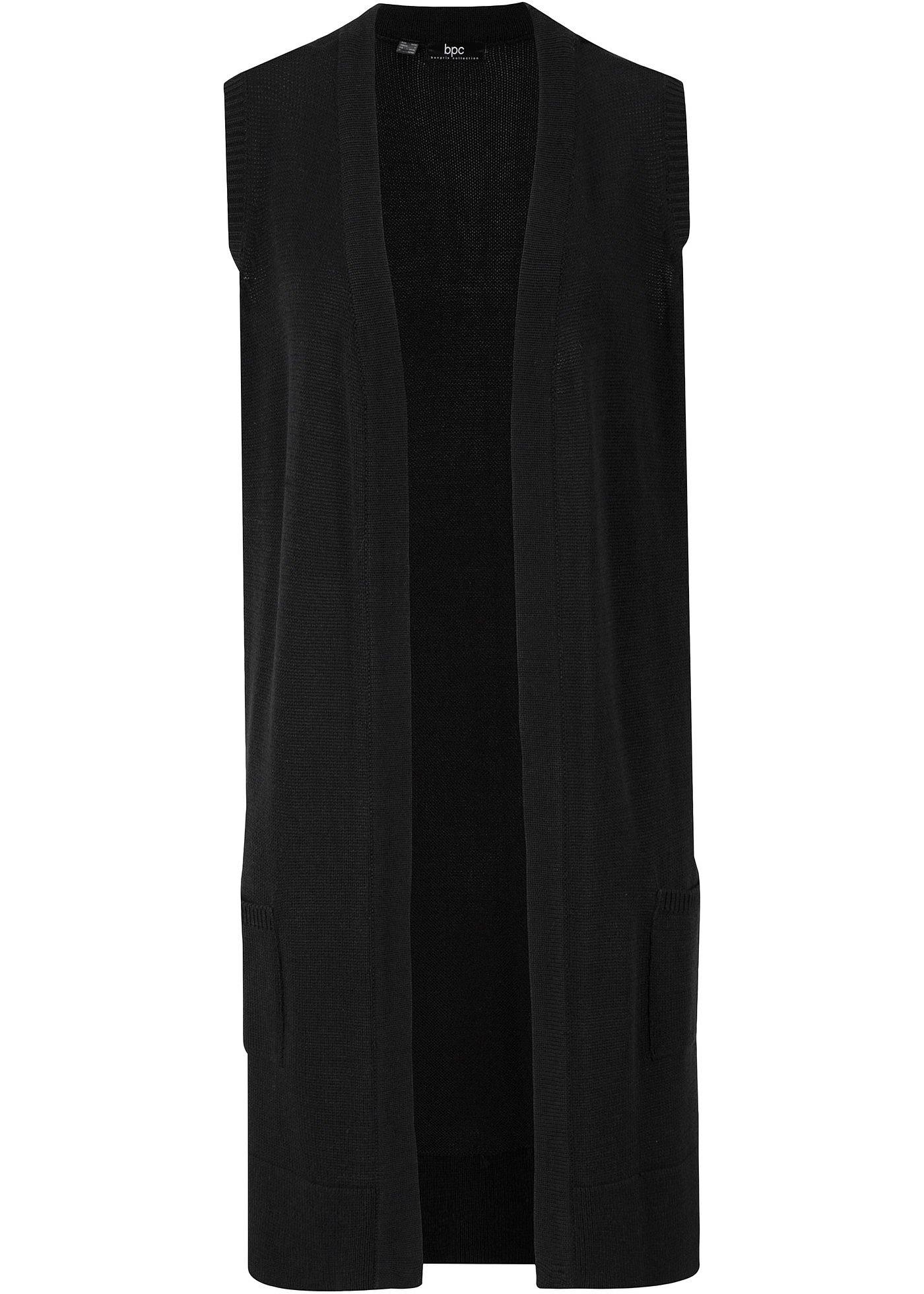 Dlouhá pletená vesta s kapsami a bez zapínání - černá