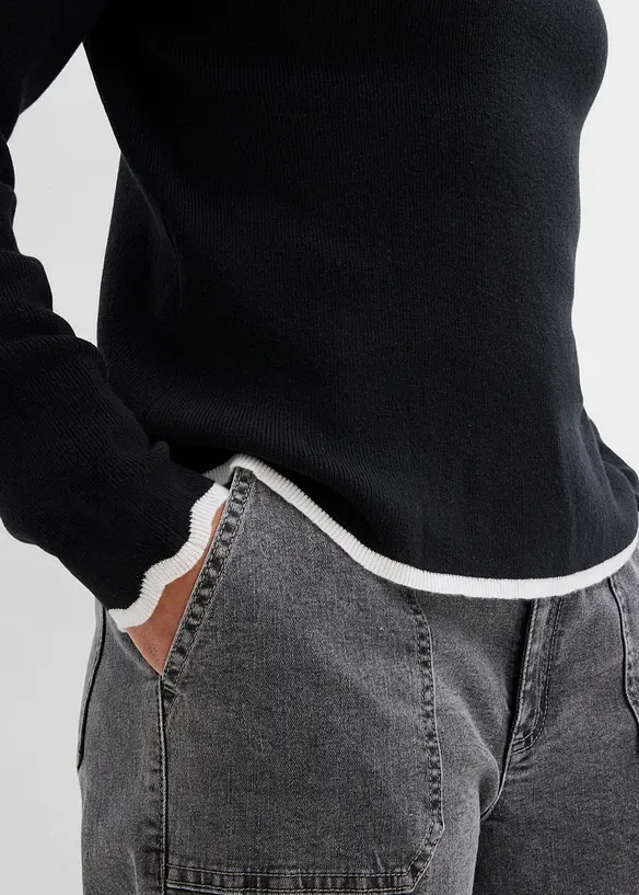 Trendové pletené triko s kontrastním lemem - černo-bílá